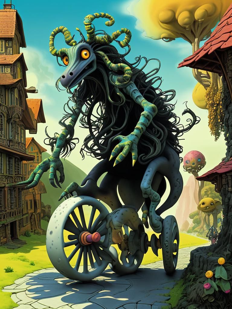 Very tall impossibly weird creatures wandering with spoked wheels for ...