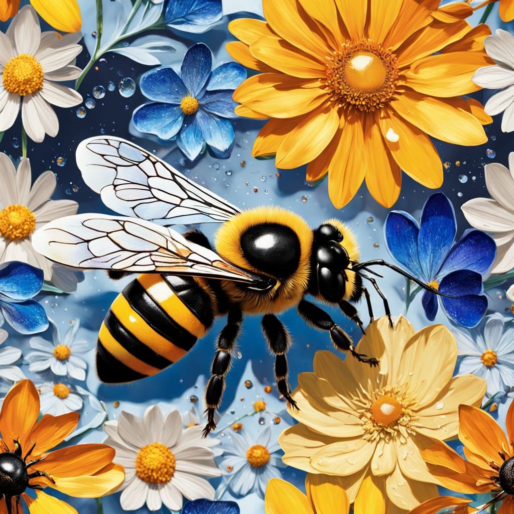 A highly detailed, hyper-realistic bee with a body iridescent with blue ...