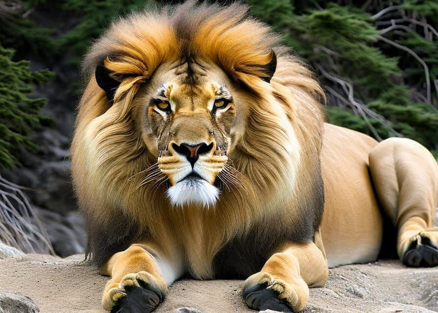 Barbary lion, large mane, laying down, looking into the camera ...