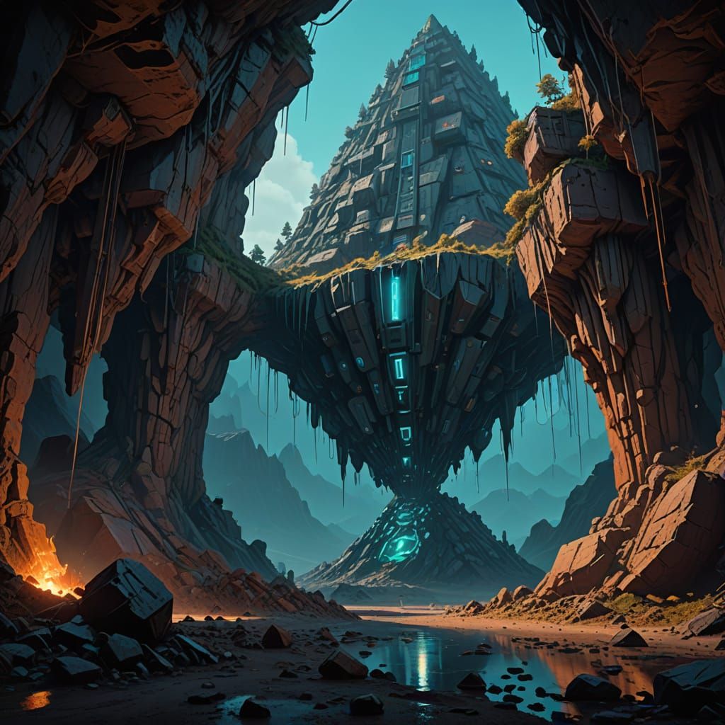Mysterious Ochre Pyramid in a Deep, Glowing Cavern - AI Art