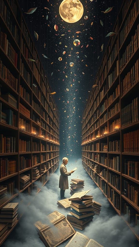 Ethereal Library in Cosmic Voids with Feather Book... - AI Art