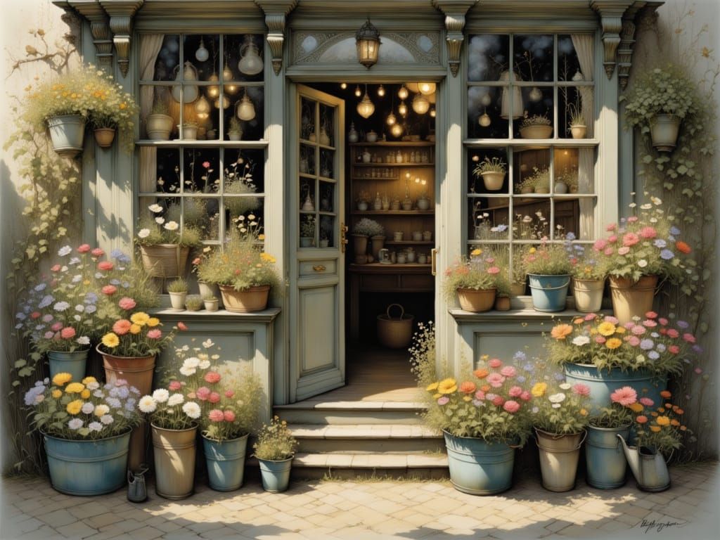 Old-Fashioned Flower Shop Entrance at Sunset - AI Art
