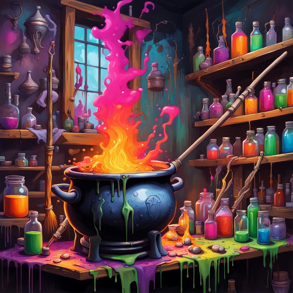 a witch laboratory with a cauldron and a floating broomstick - AI ...