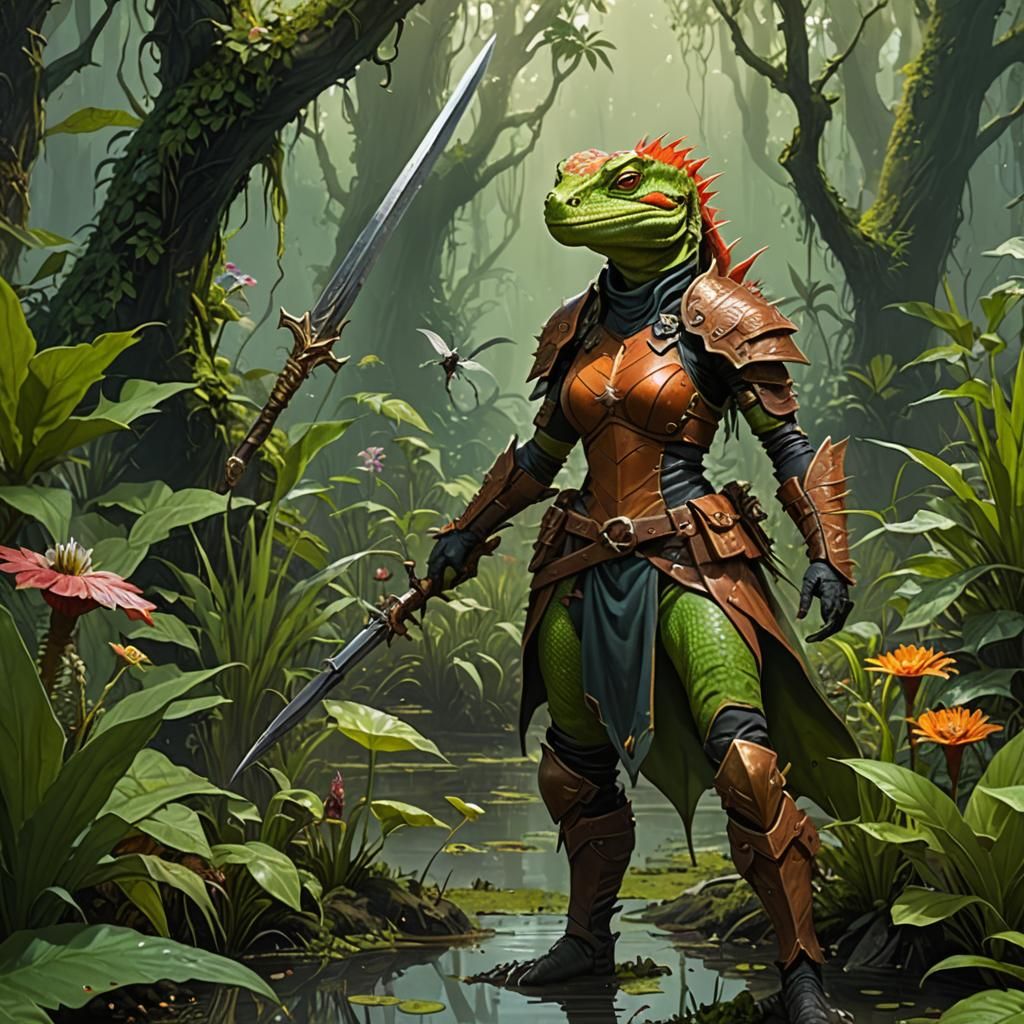 A female lizard warrior (dungeons and dragons) wearing leather armor and a scimitar. she stands ...