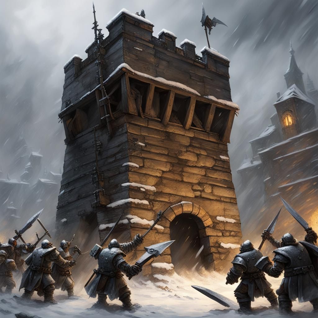siege tower against city wall, orks and goblins attacking, human ...