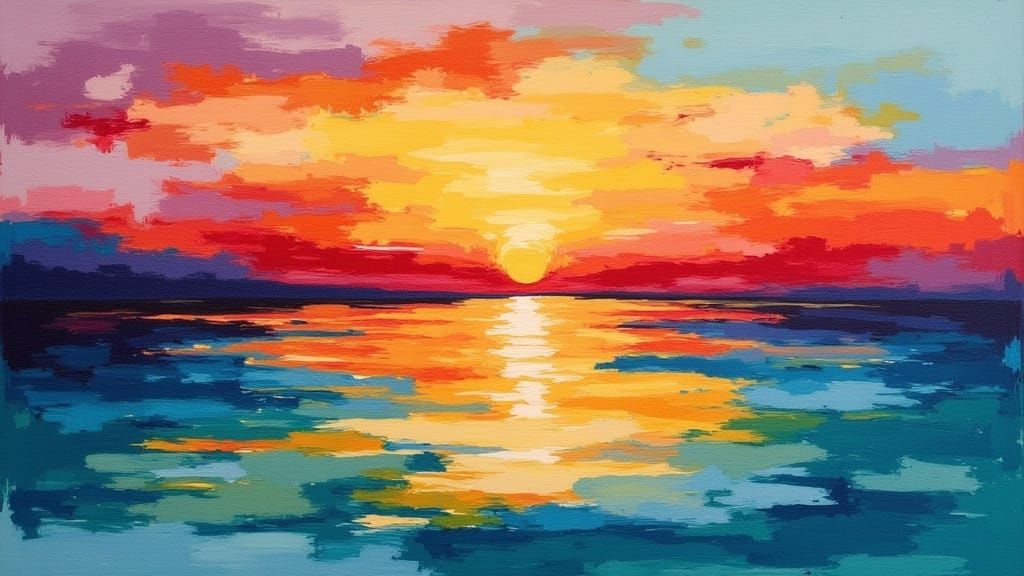 Sunset - Abstract Expressionist Sunset Seascape in Vibrant C...