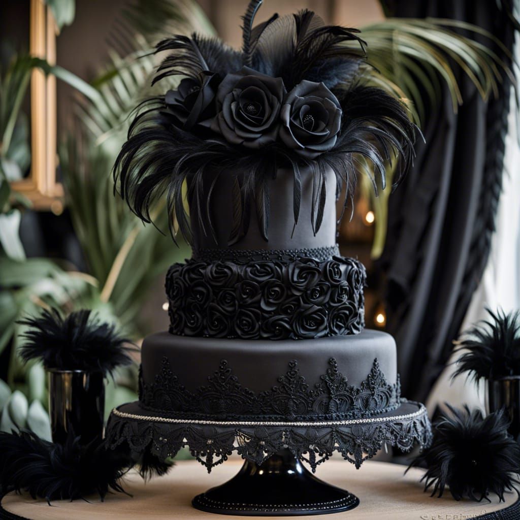 a 4 tier goth cake with black icing and decorated with beautiful black ...
