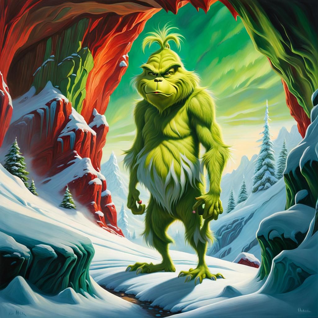 Grinch, snowy mountain cave - Hyper-Realistic Grinch in Maje...