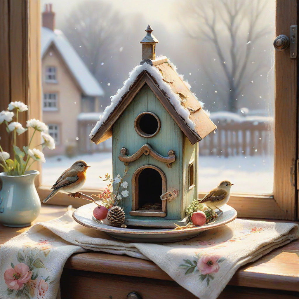 Birdhouse on the Windowsil - Whimsical Winter Birdhouse Scen...