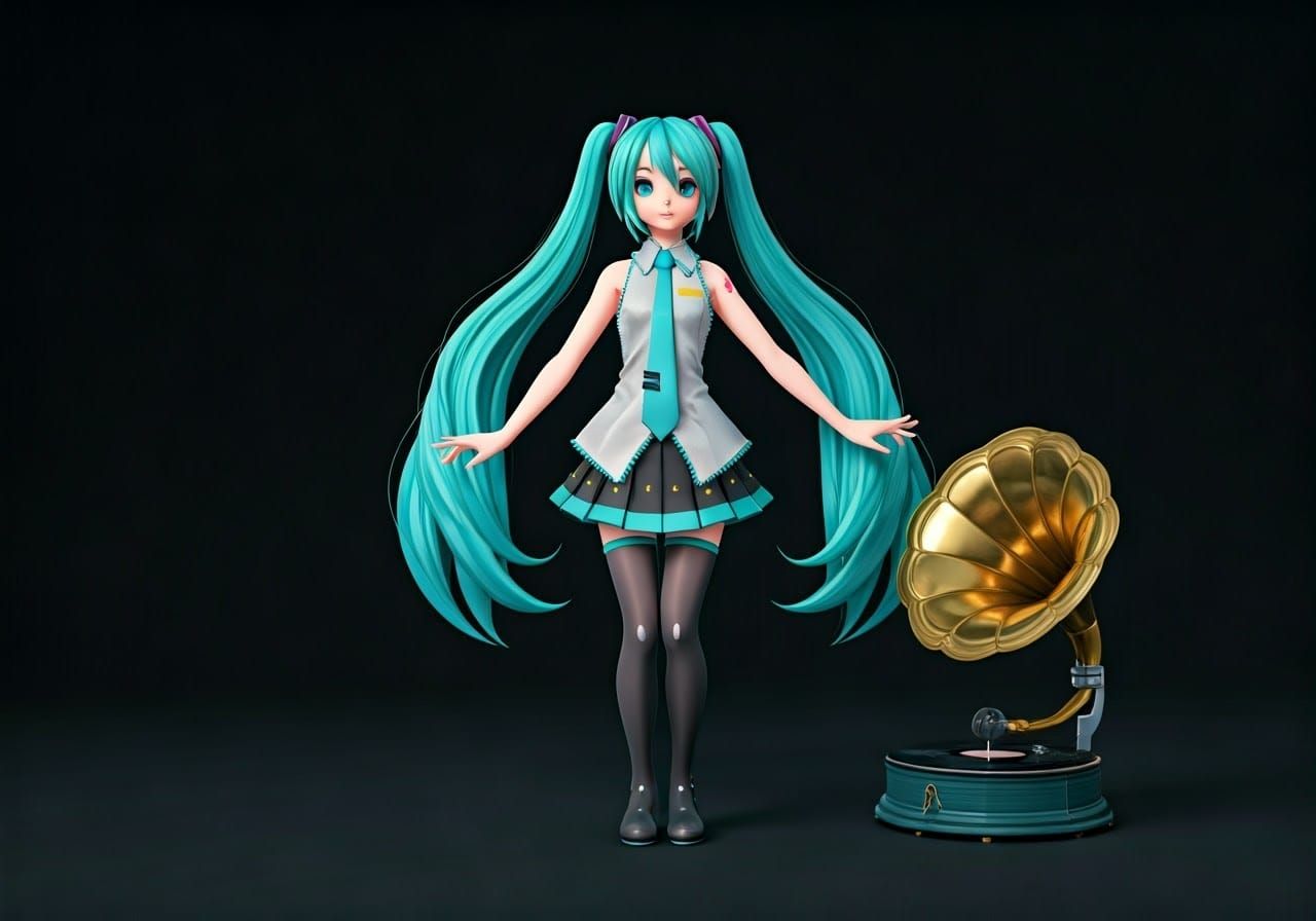 Vocaloid Idol Dances on Vintage Gramophone - AI Art