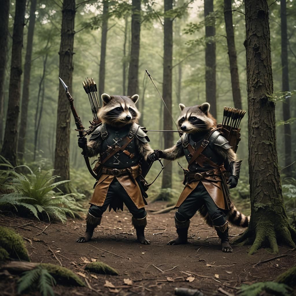 A sneaky raccoon wearing leather armor wielding a bow and a quiver of ...