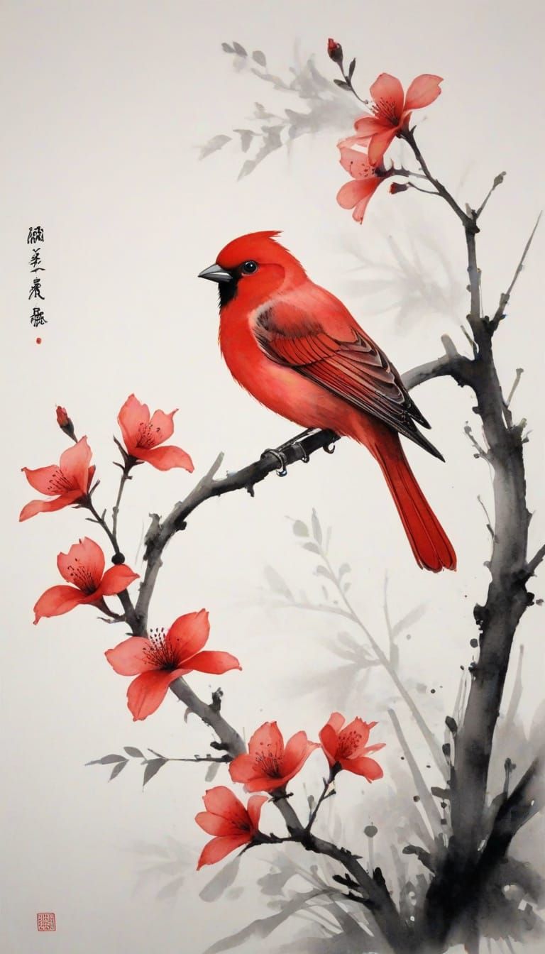 Red bird in ink painting - Red Bird and Flower in Chinese In...