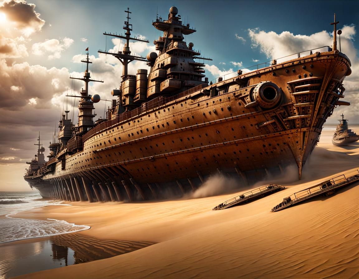 old rusty german battleship half covered by sand on the beach during ...