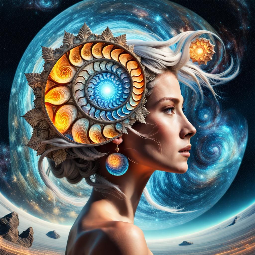 Slightly visible transparent translucent beautiful woman with ammonite ...