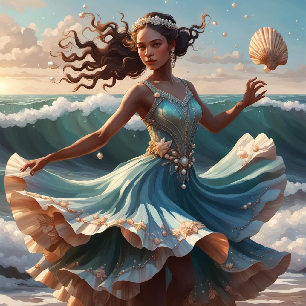 Ballerina dancing in wava dress around ocean with shells and pearls ...
