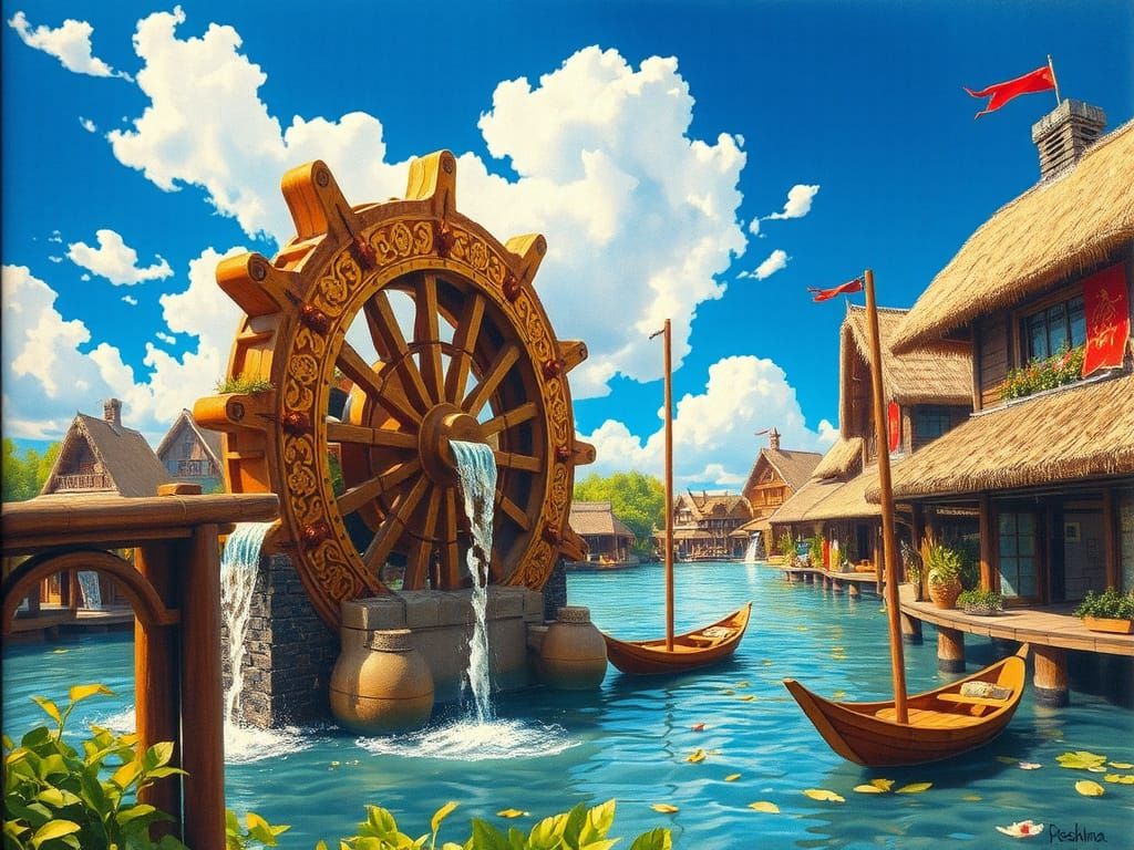 Majestic Fantasy Waterwheel Powers Whimsical Float... - AI Art