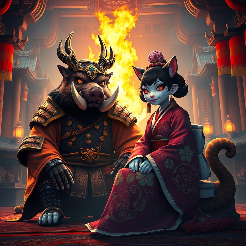 Regal Boar Demon and Feline Companion in Golden Ca... - AI Art