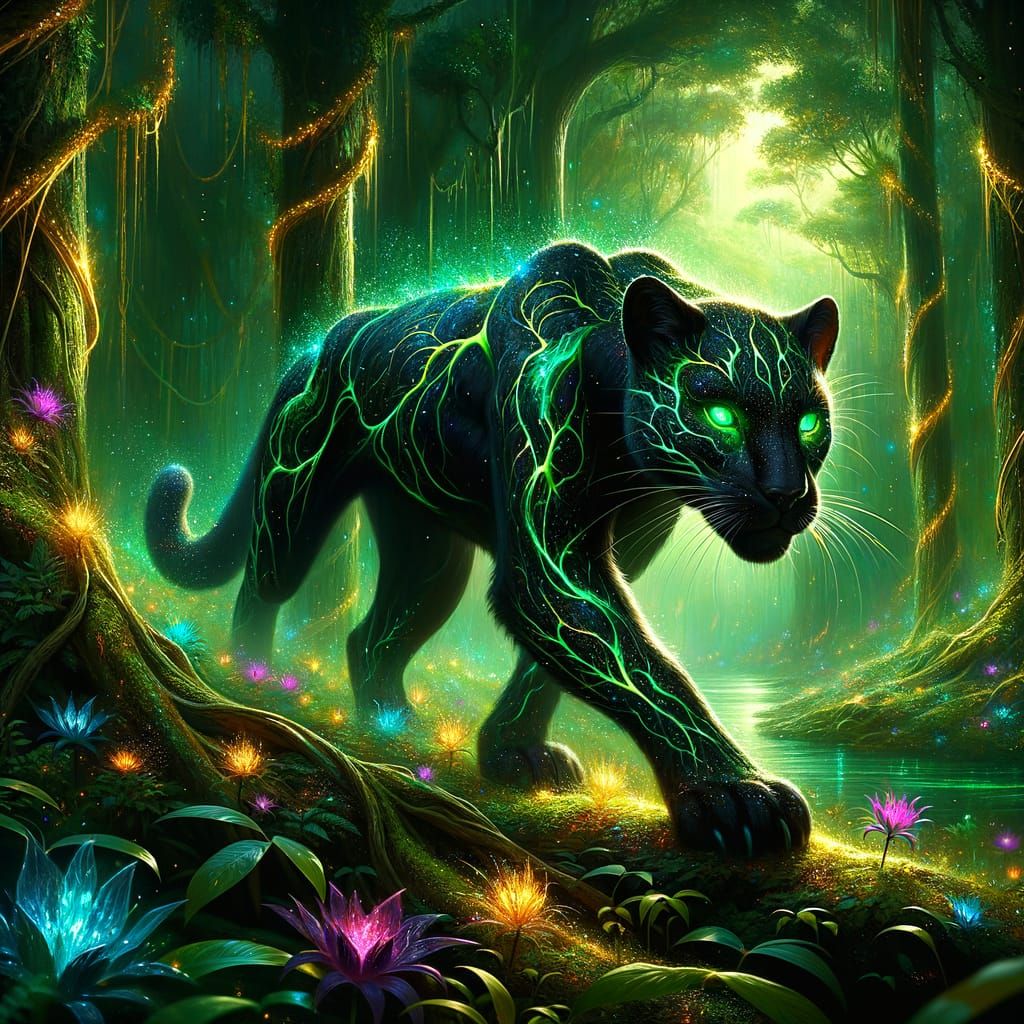 Sleek Black Panther Unveils Jungle's Vibrant Magic... - AI Art