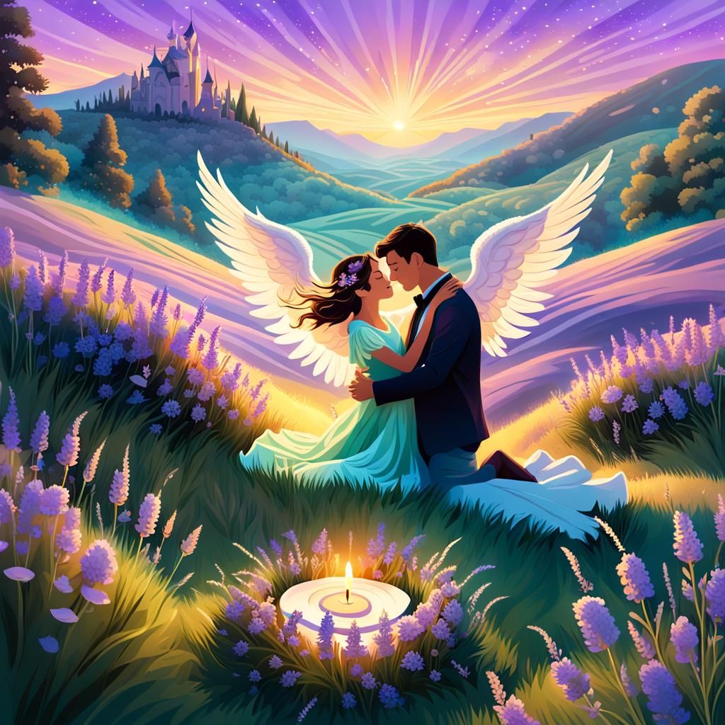 a Pixar couple celebrating a birthday in a nature setting with purple ...