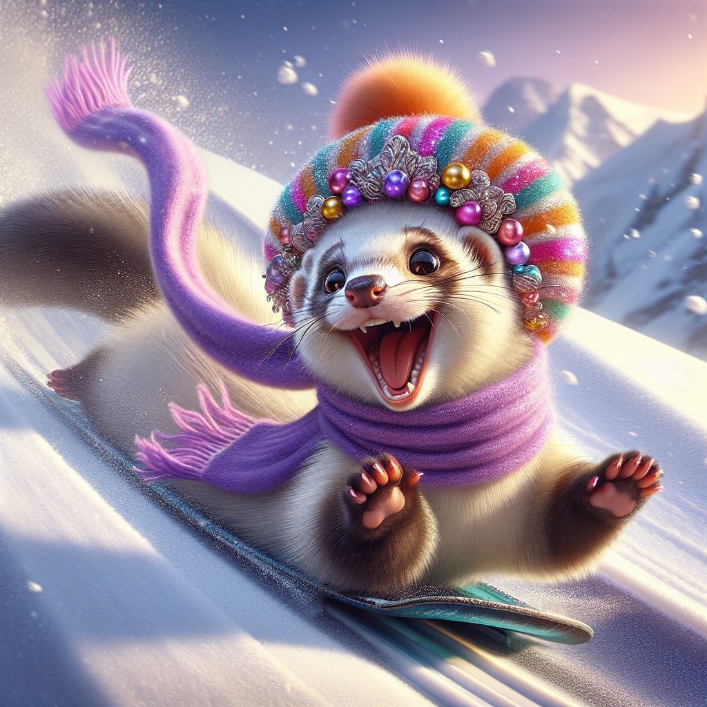 Happy Ferret Slides Down Snowy Hill in Vibrant Win... - AI Art