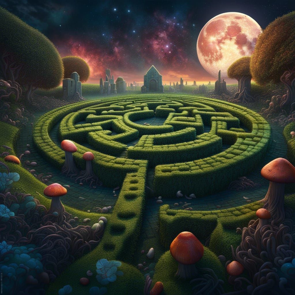 Labyrinth maze of hedges and mushrooms, cobblestones, big bright moon ...