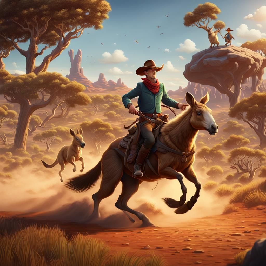a young Australian cowboy riding a horse chasing a kangaroo cartoon ...