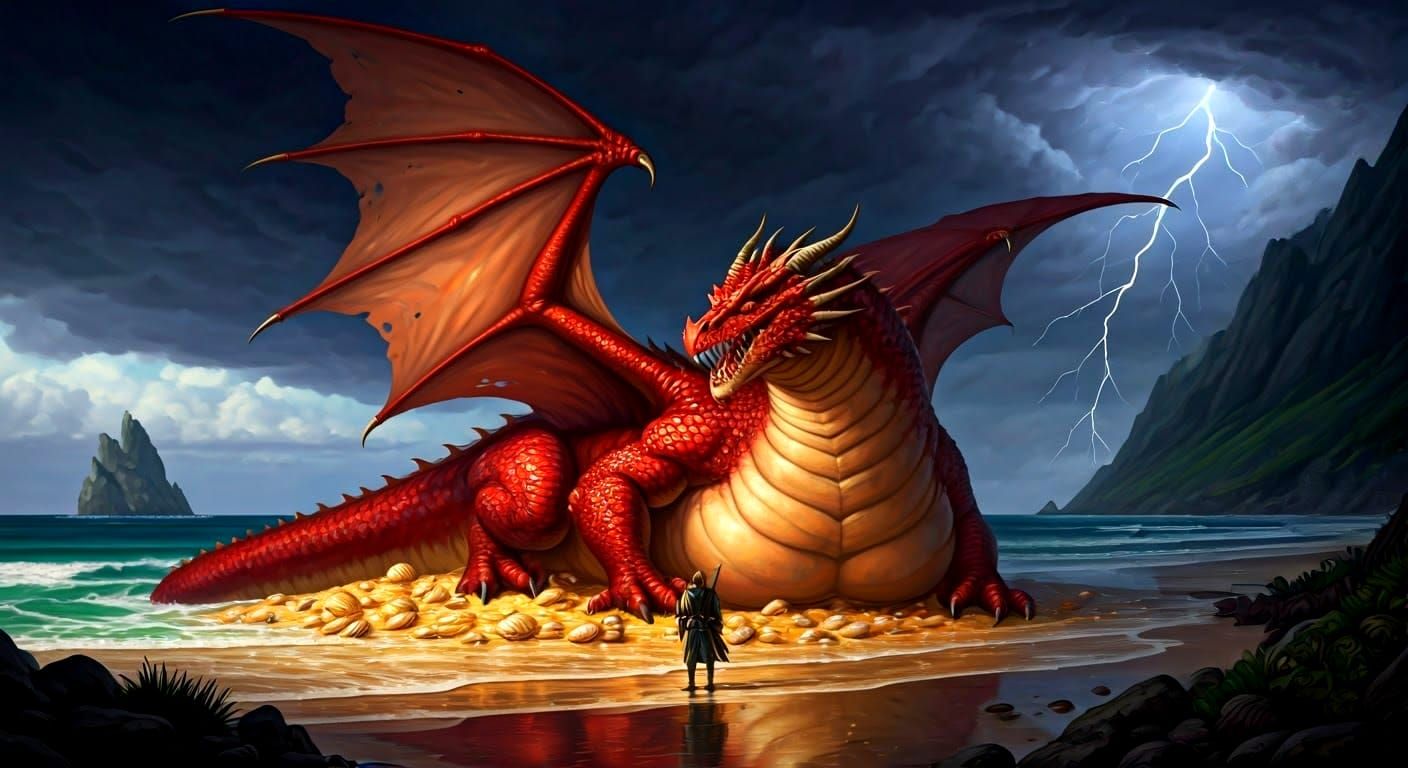 Protecting the Hoard - Mighty Red Dragon Guards Golden Seash...