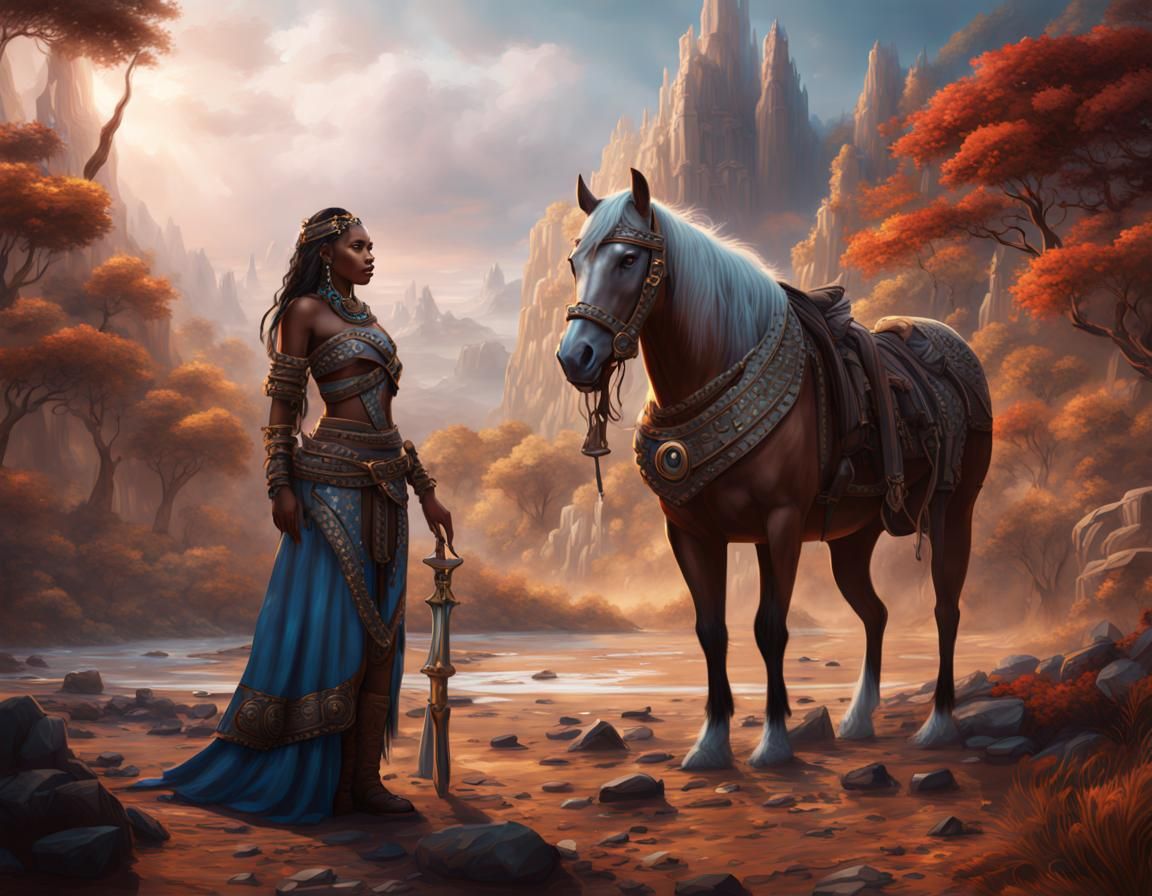 a beautiful and fierce tribal princess stands beside her faithful horse ...