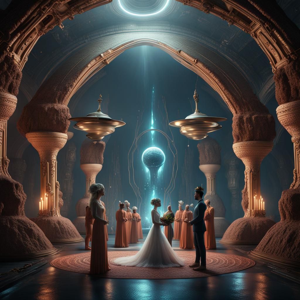 a royal alien wedding ceremony in an underground kingdom with an ...