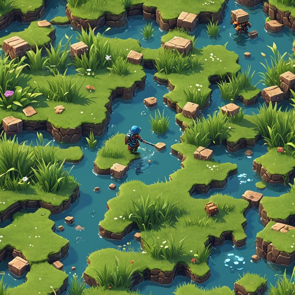 video game character hero hyperdetailed in a platform game grass water ...