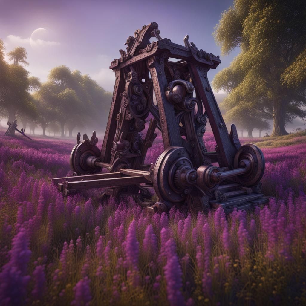 "Ancient catapult in a field, photo,8k, wide angle, high detailed ...