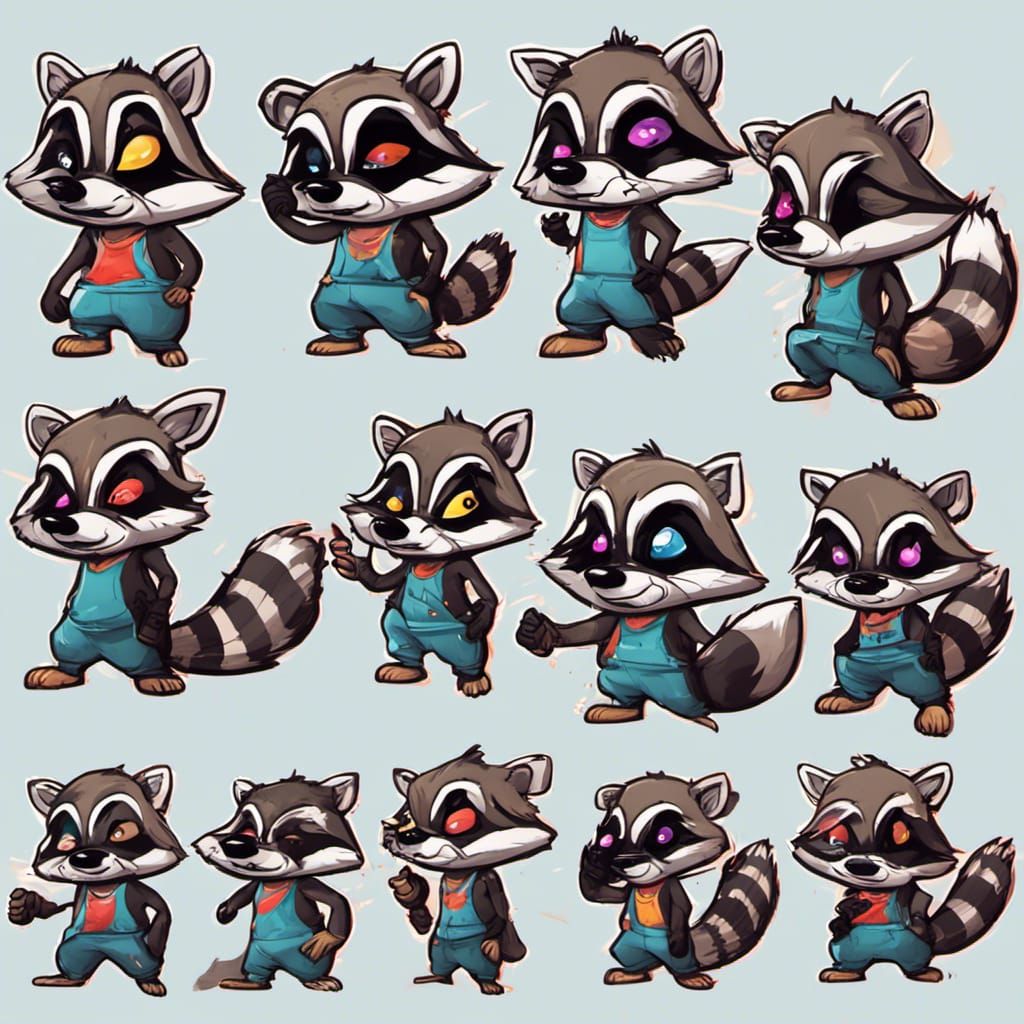 360 turn character sheet for a cartoon raccoon that fights a lot - AI ...