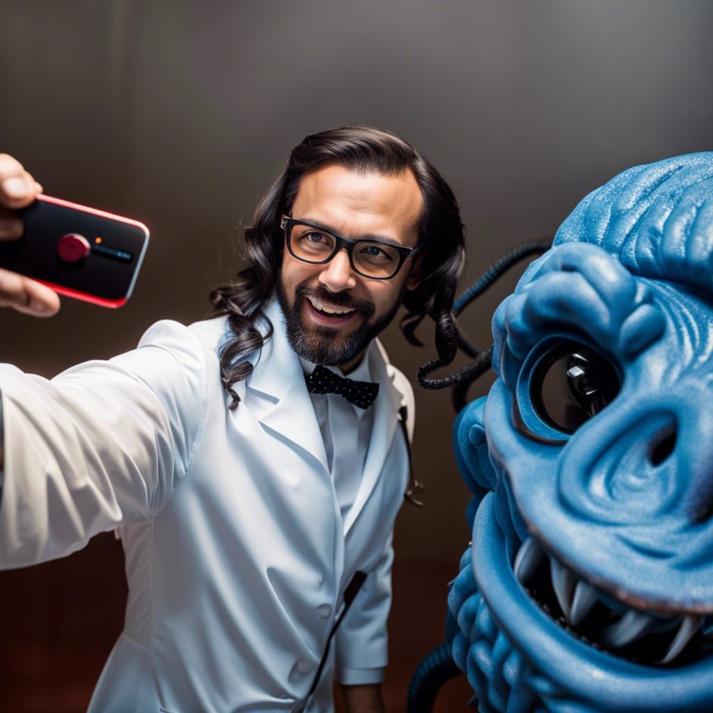 Mad scientist taking a selfie with his creation. - AI Generated Artwork ...
