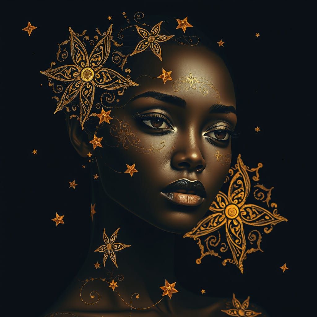 beautiful black woman with baroque golden stars in her skin