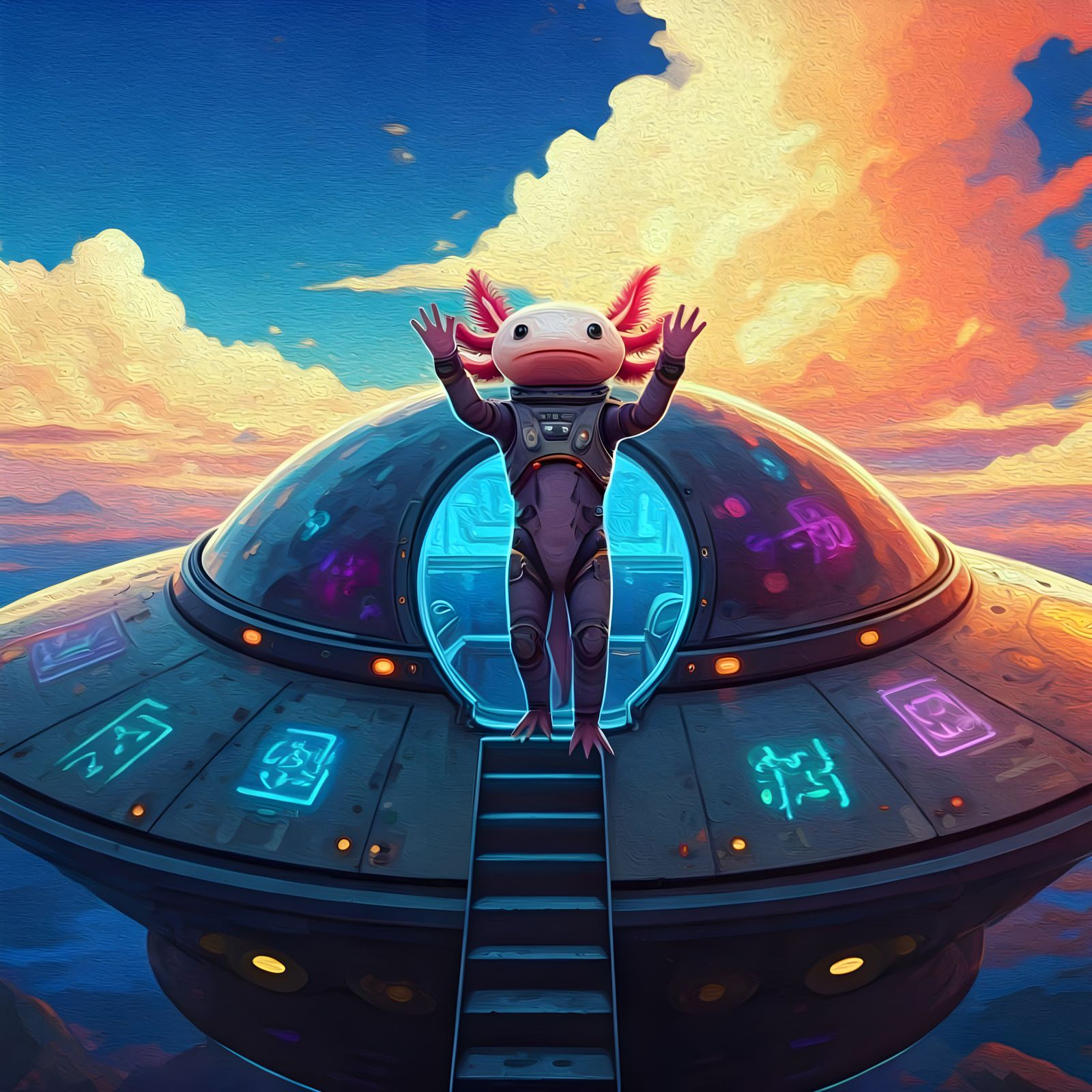 Axolotl in Space Suit Stepping Out of UFO in Gouac... - AI Art