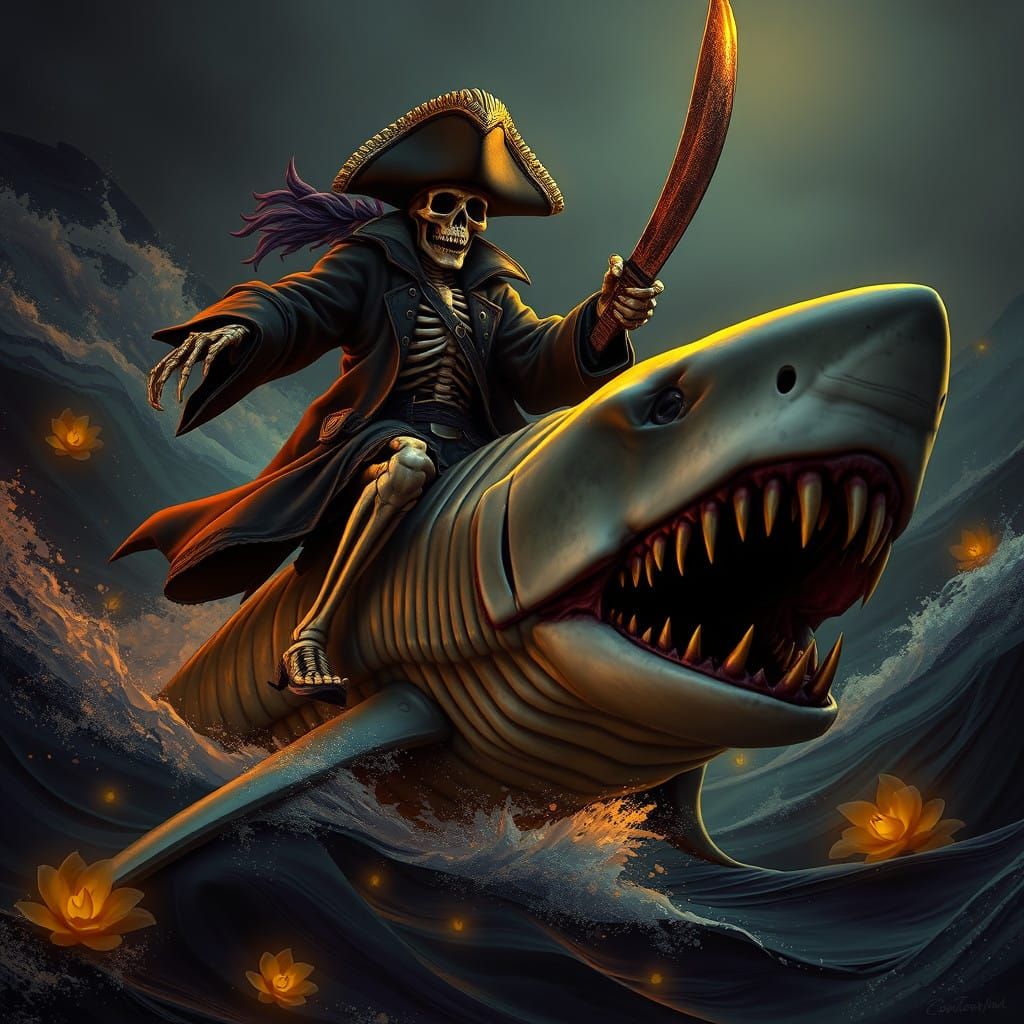 To war - Undead Pirate Captain Rides Shark Through Dark Ocea...