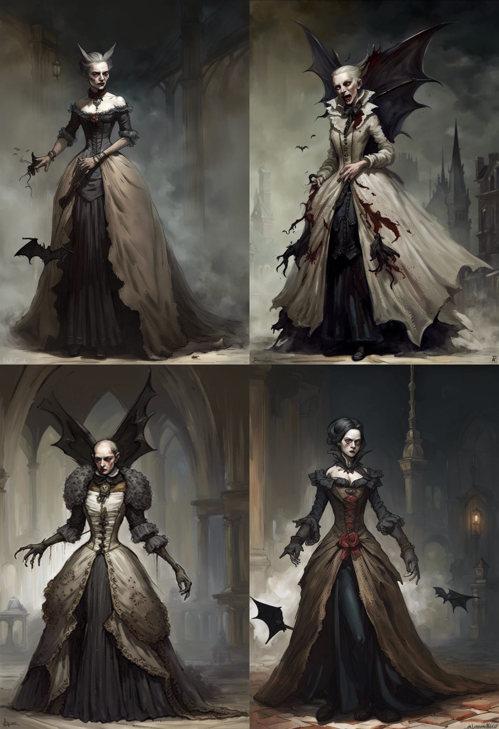 18th century female vampire, baroness dress, deformed bat-like, dark ...