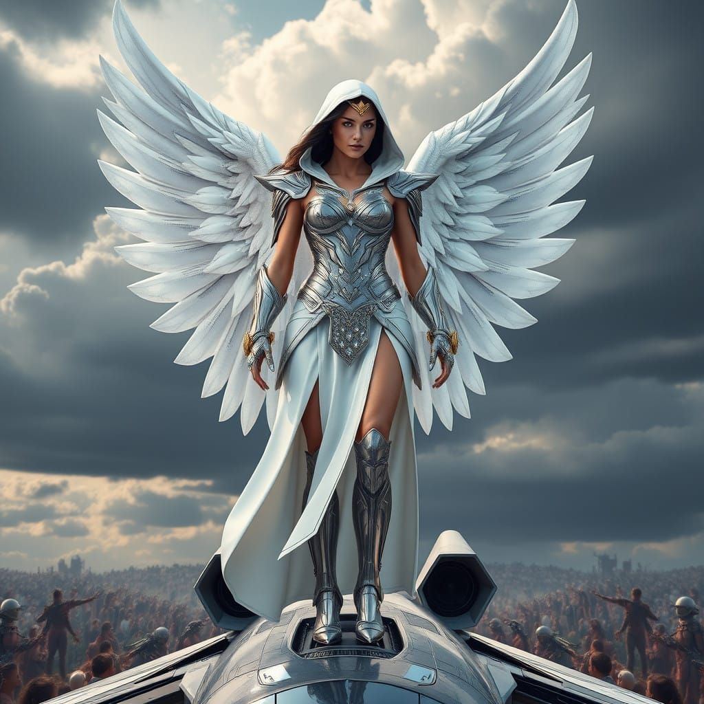 Invincible female angel on the battlefield