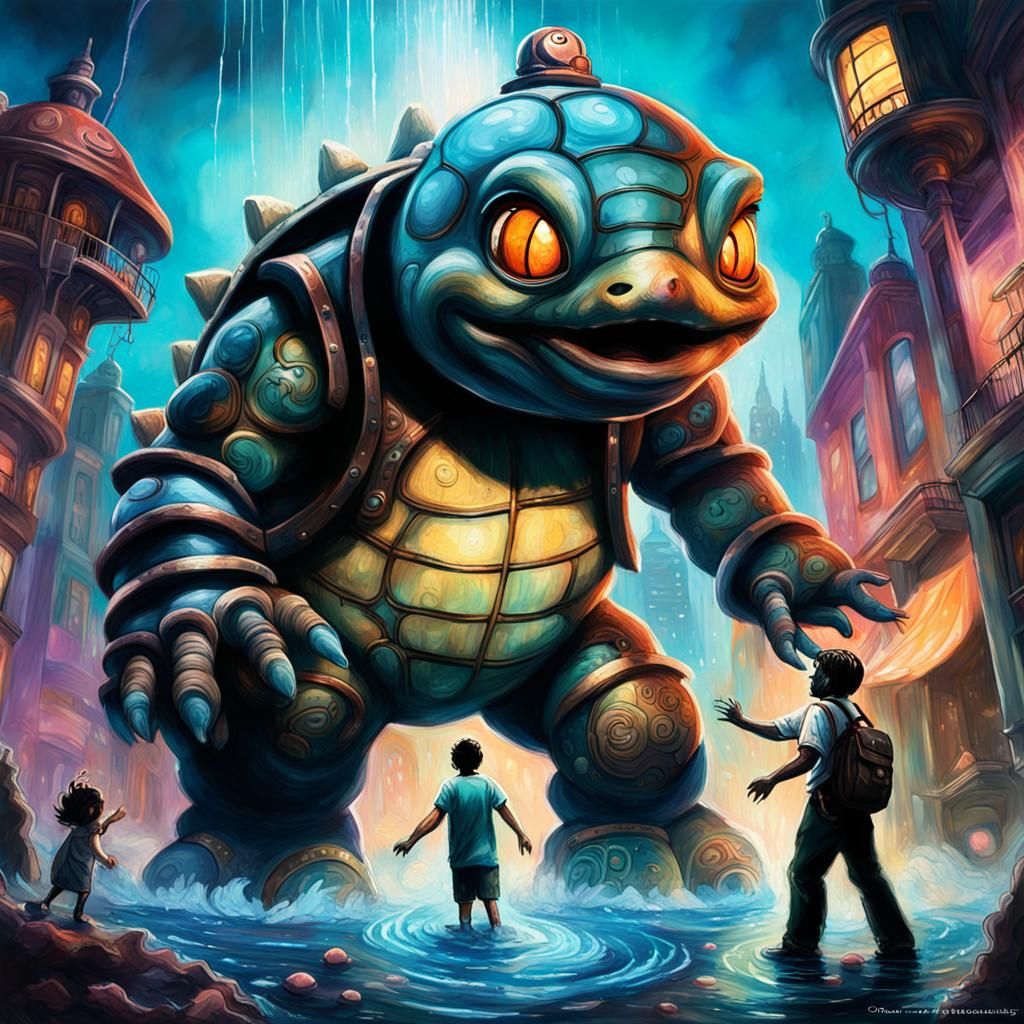 A Big Daddy from Bioshock 2, protecting a Squirtle Pokemon from shadow ...