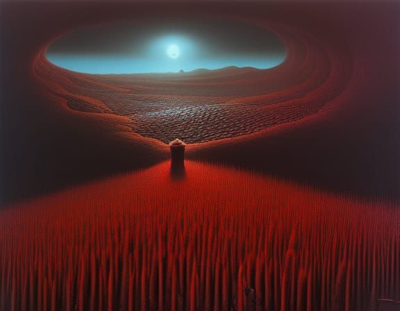 a man in his deepest misery, dark surrealism by Zdzisław Beksiński red ...