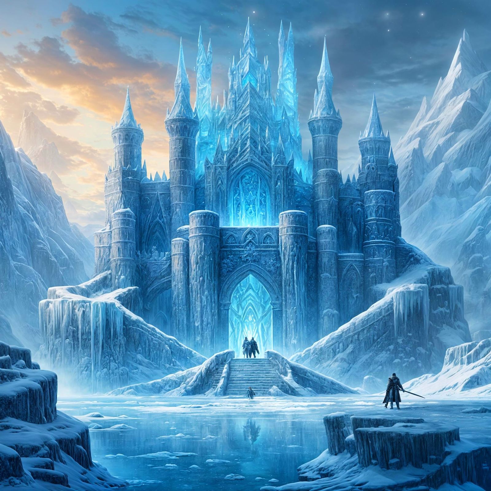 A colossal ice fortress floats atop a frozen sea, its walls glowing ...