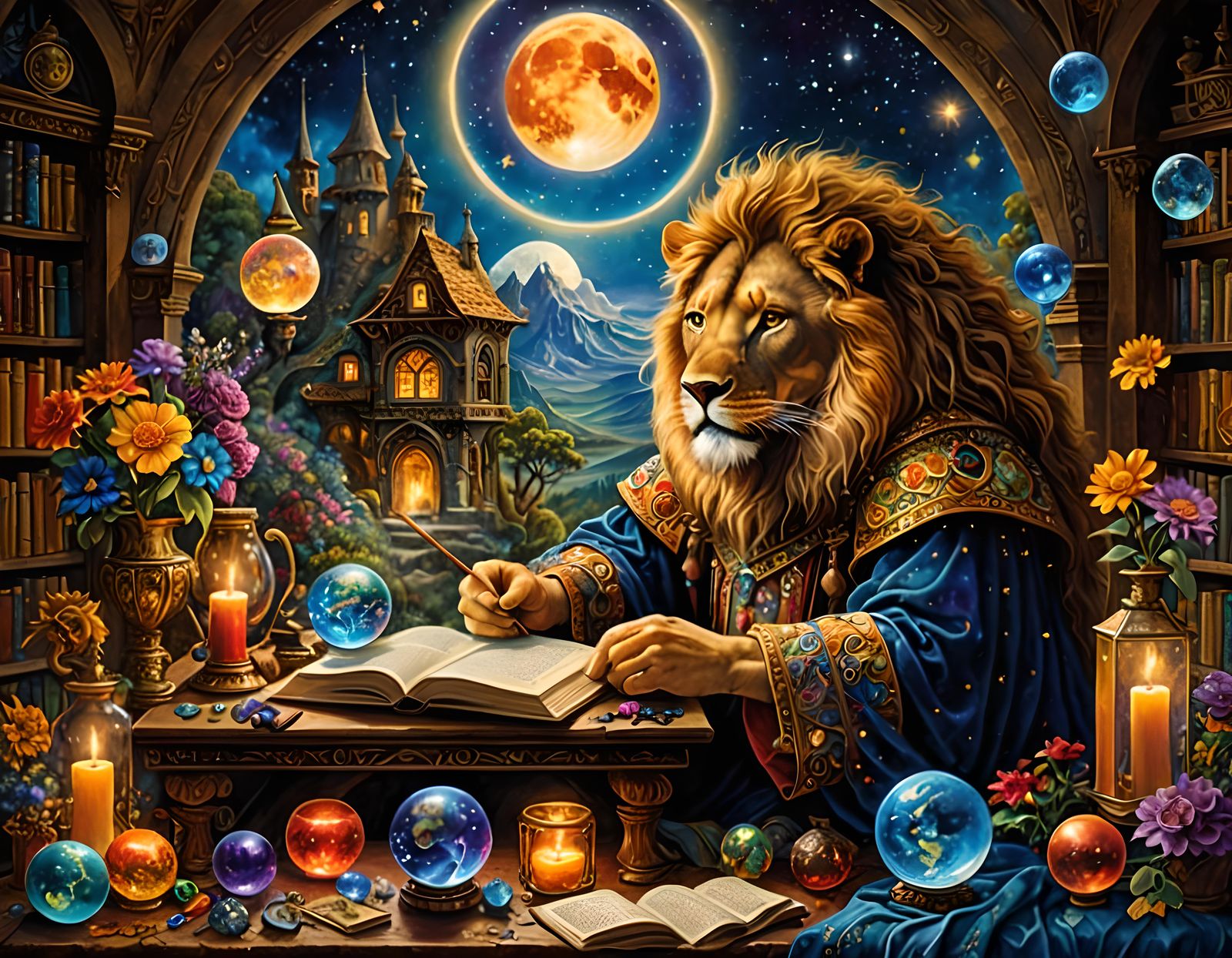 Lion wizard reading a spell book on wizards desk in a sorcerers study ...