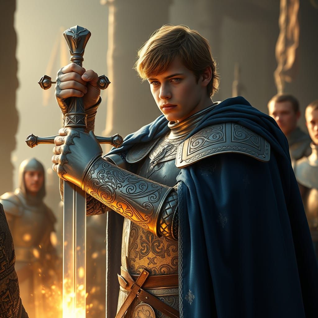 King Arthur Draws Excalibur in Golden Light - AI Art
