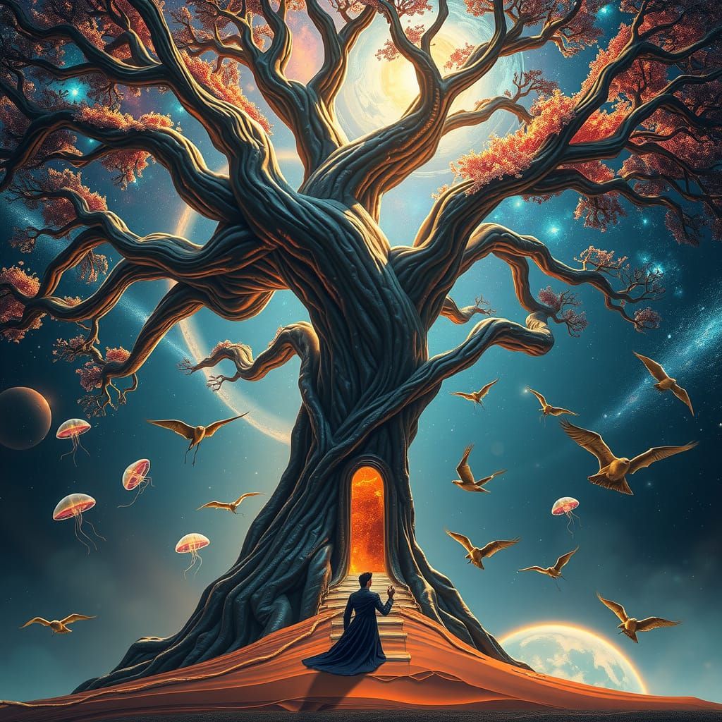 A colossal, sentient tree, its trunk a mesmerizing spiral of obsidian ...