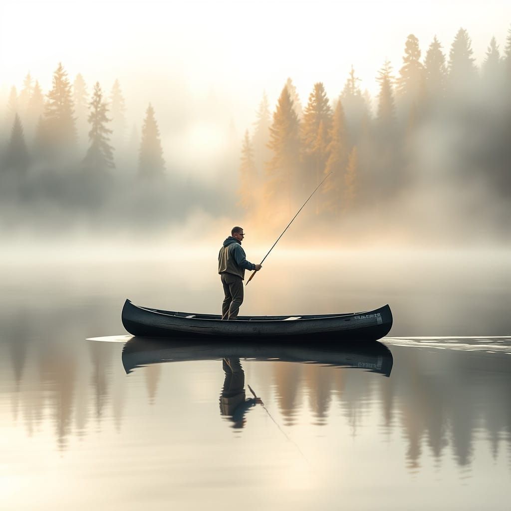 Fishing - Solitary Fisherman in Misty Coniferous Forest