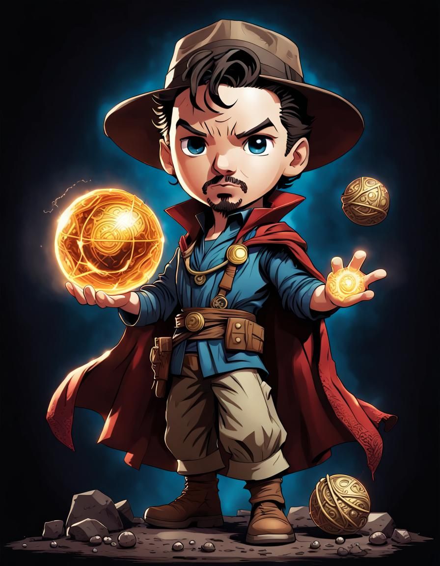 chibi doctor strange dressed as indiana jones, holding energy balls ...