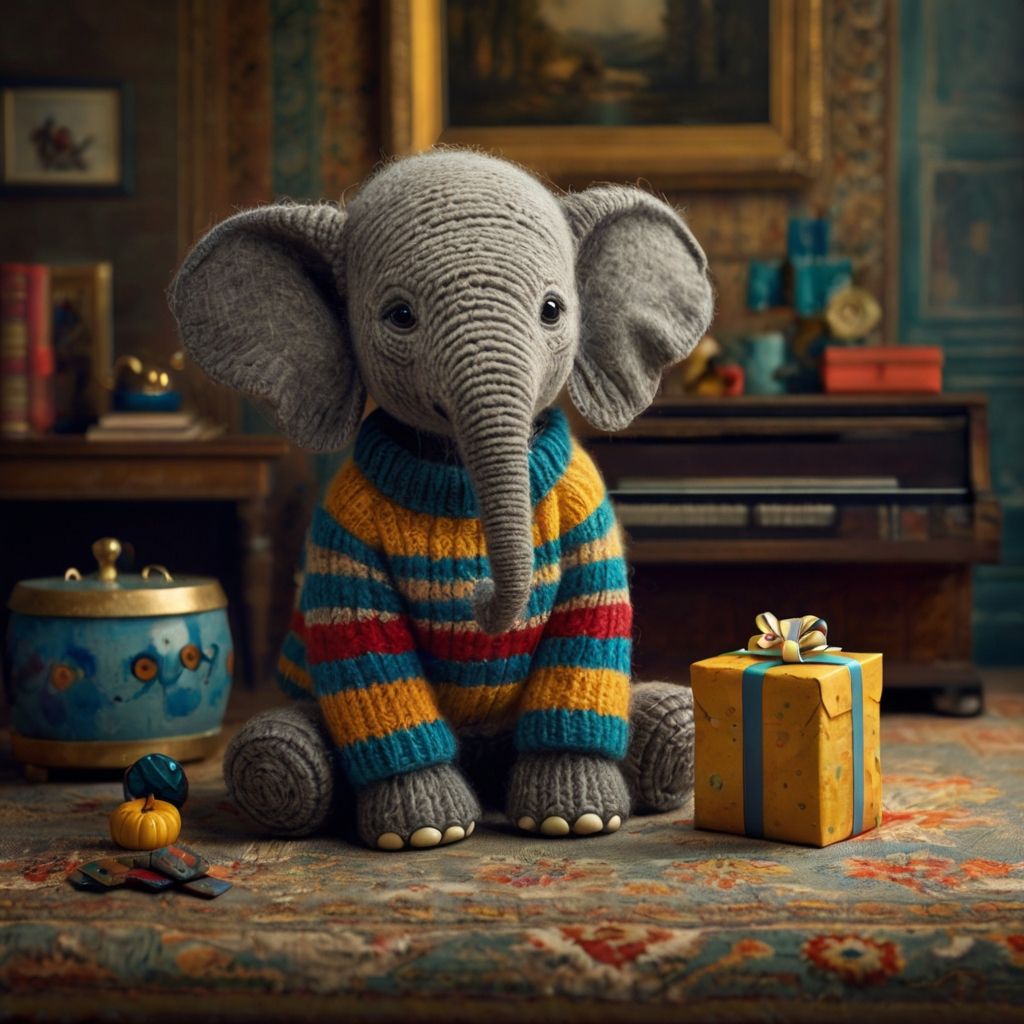 Wool elephant with a gift - AI Generated Artwork - NightCafe Creator