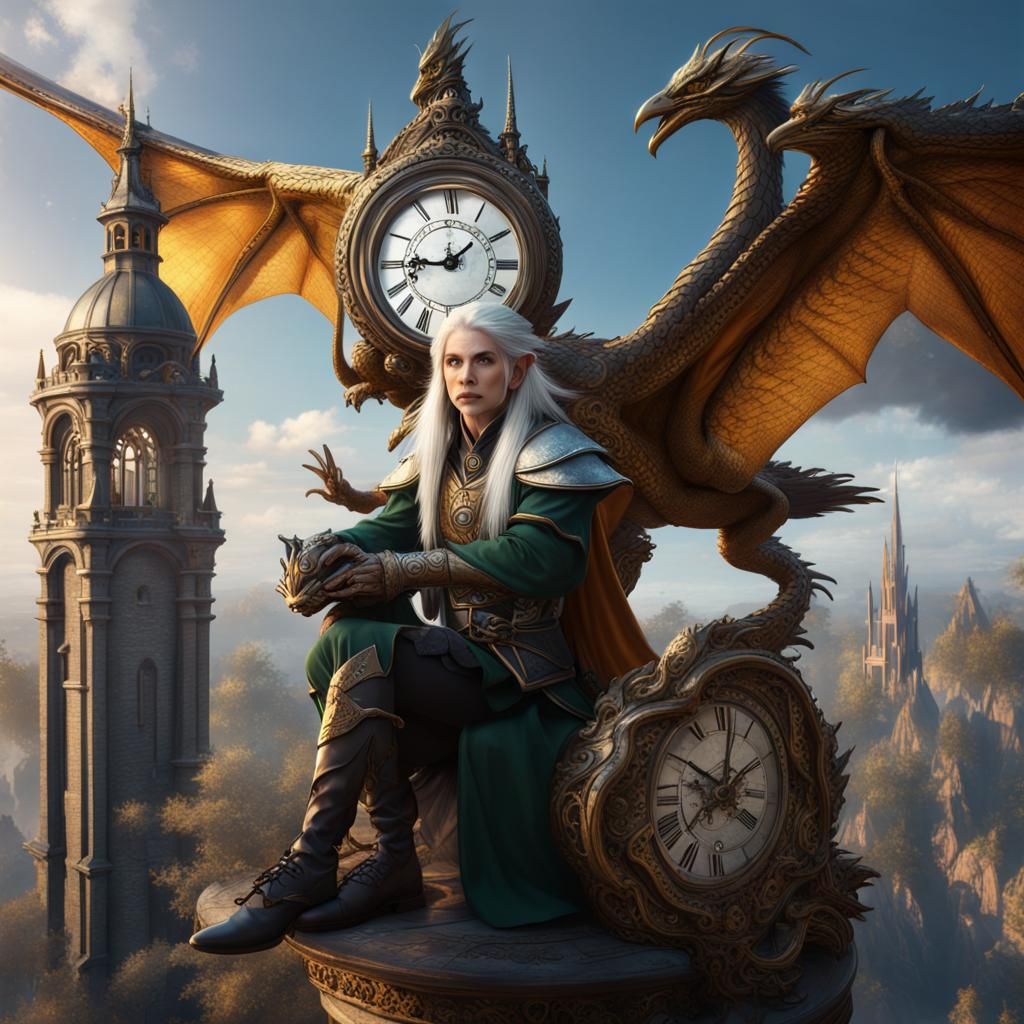 Silver haired elf with ancient clock riding a golden flying dragon ...