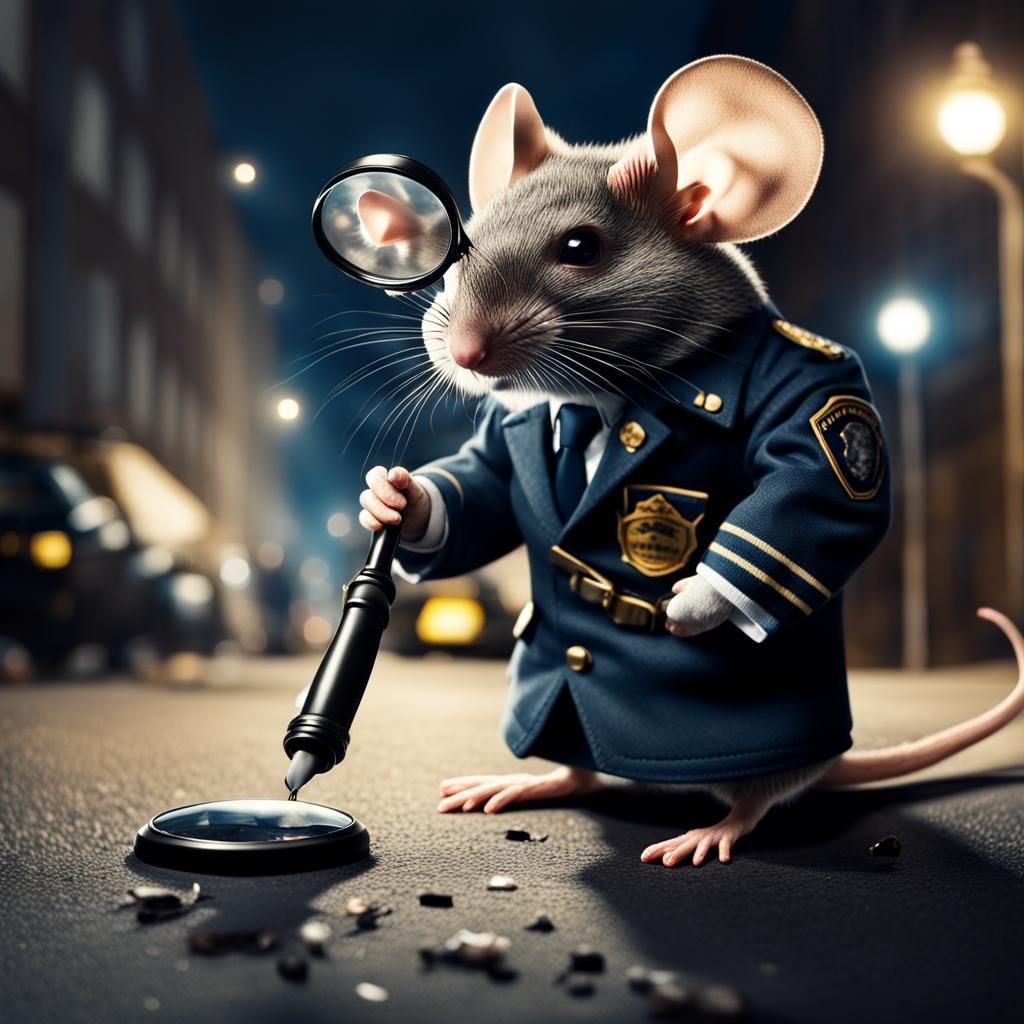 Photograph, hyperrealistic, mouse wearing a detective suit holding a ...