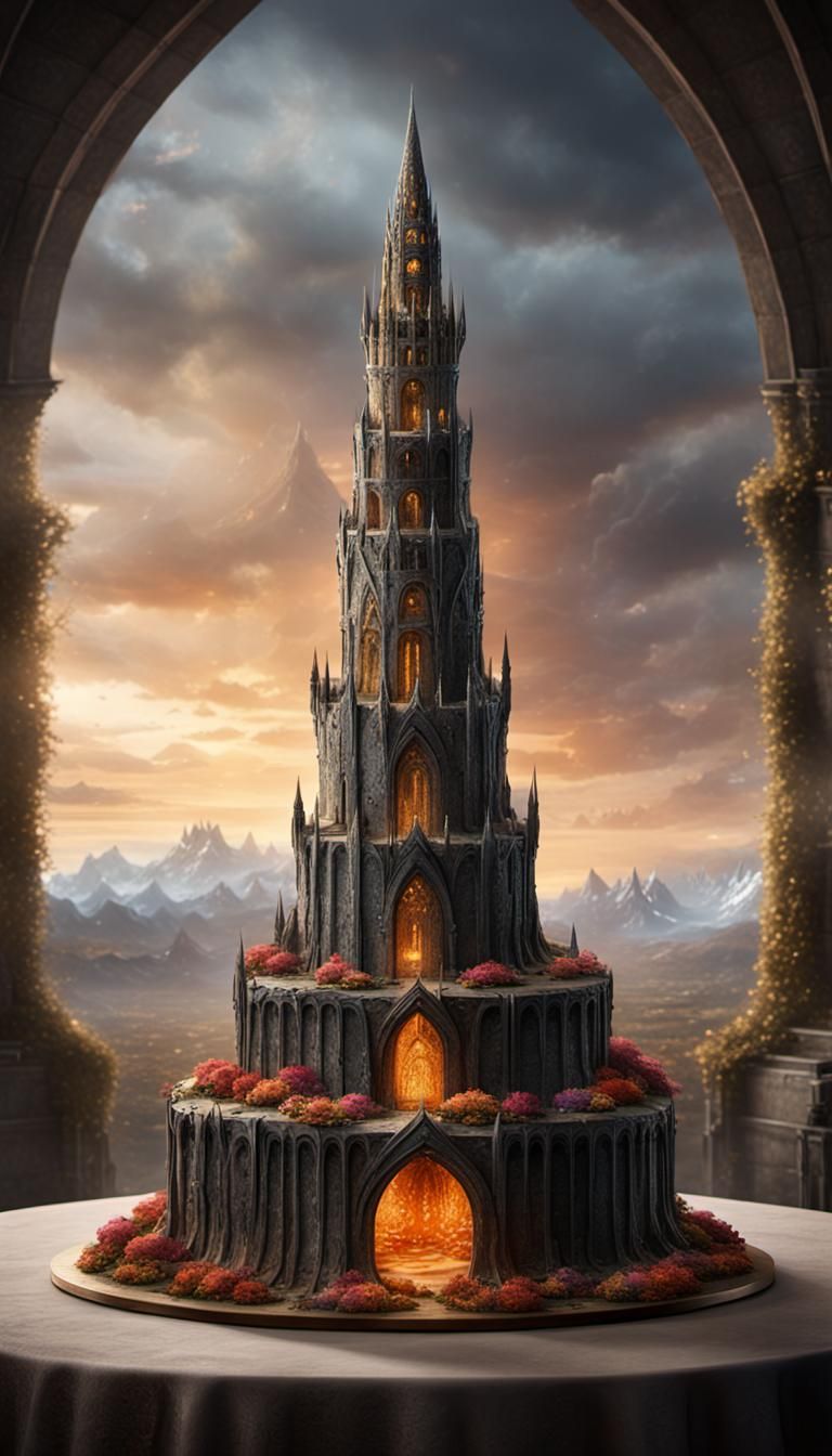 Wedding cake look like sauron tower from lord of the ring from Tolkien ...